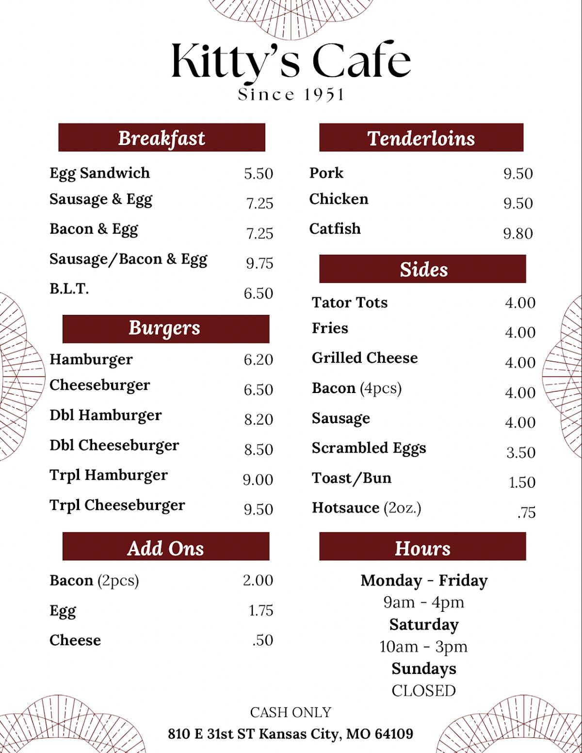 Menu at Kitty's Cafe, Kansas City