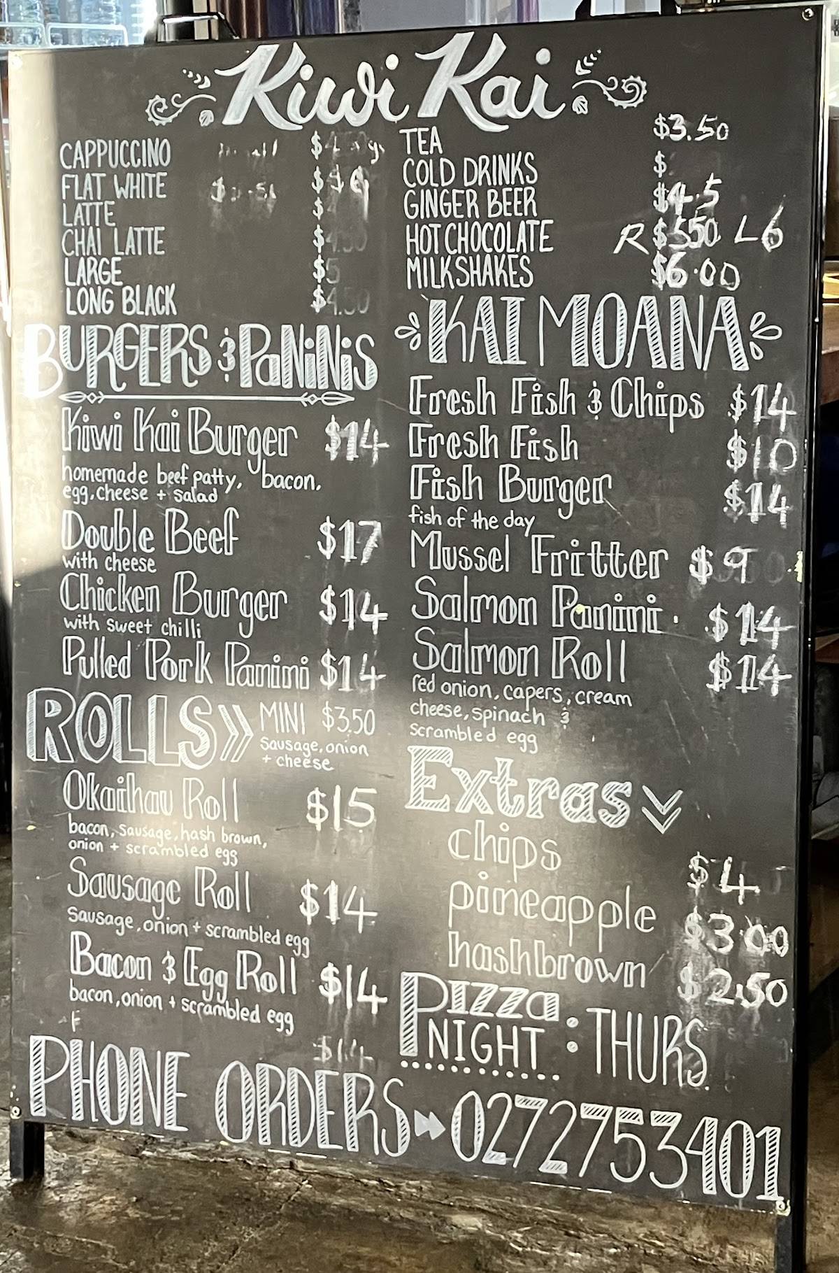 Menu at Kiwi Kai cafe, Okaihau