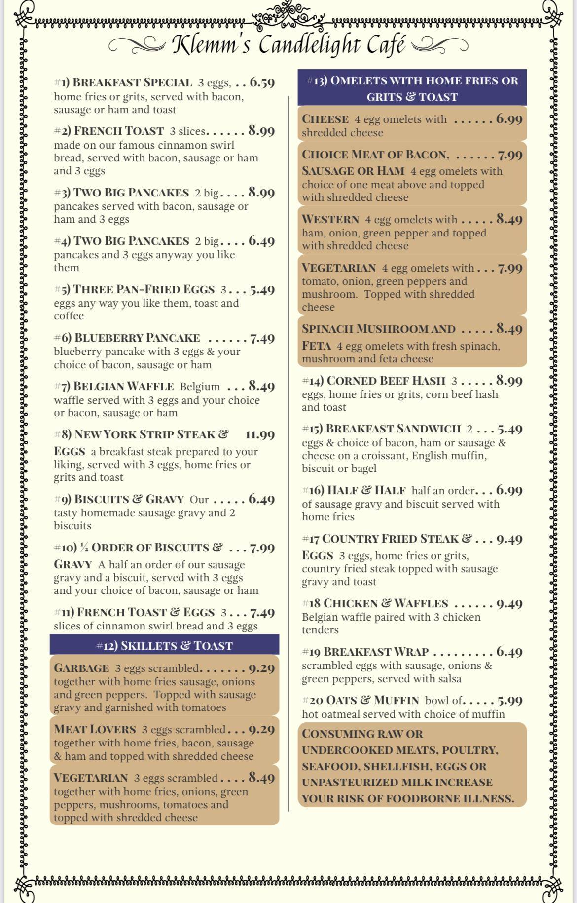 Menu at Klemm's Candlelight Cafe, Fort Wayne