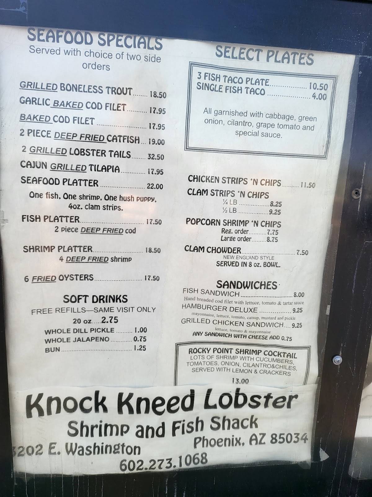 Menu at Knock Kneed Lobster restaurant, Phoenix