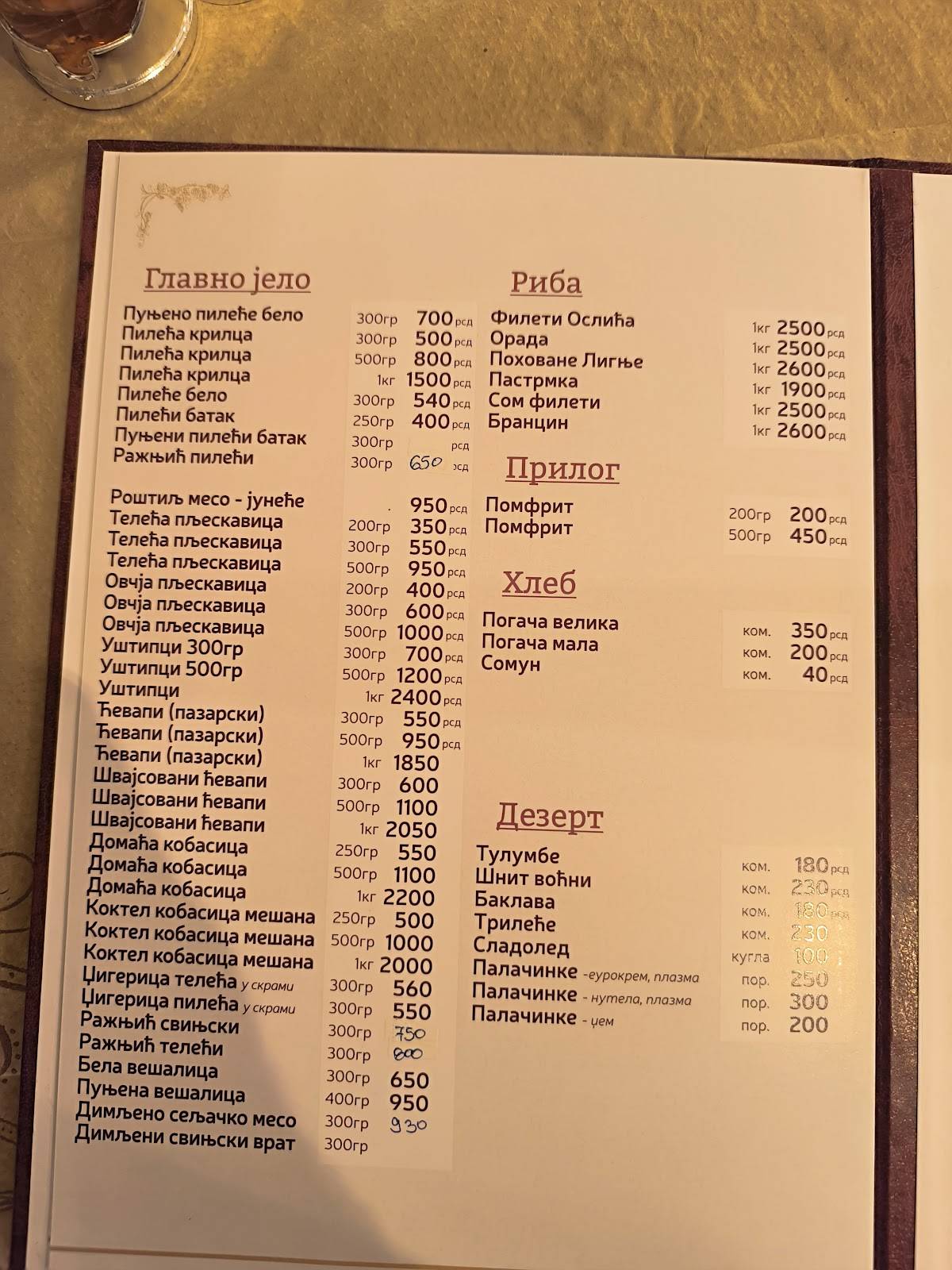Menu au Kod Starog Kuma restaurant, Čamurlija