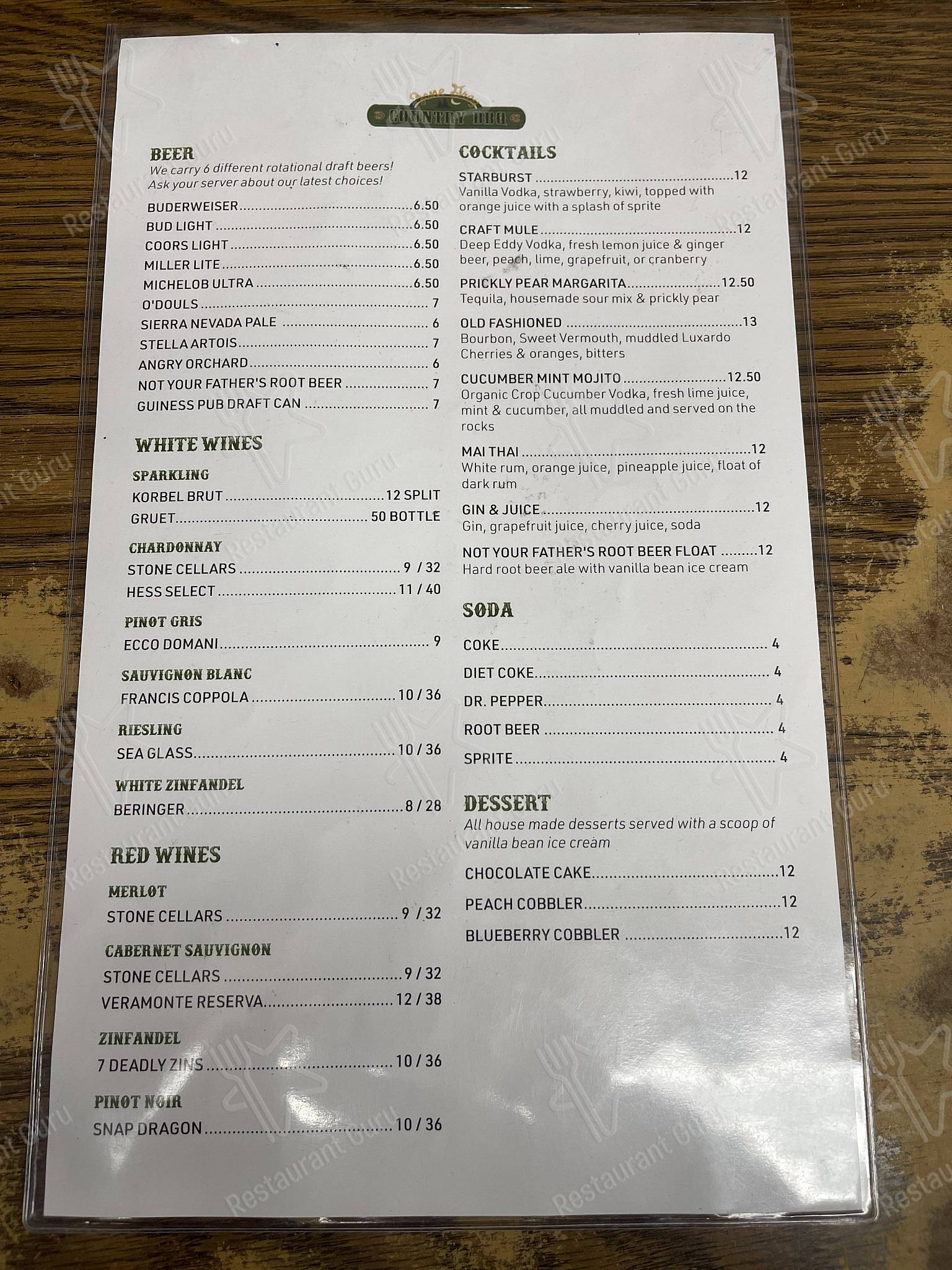 Menu at Kohls Ranch Lodge restaurant, Payson