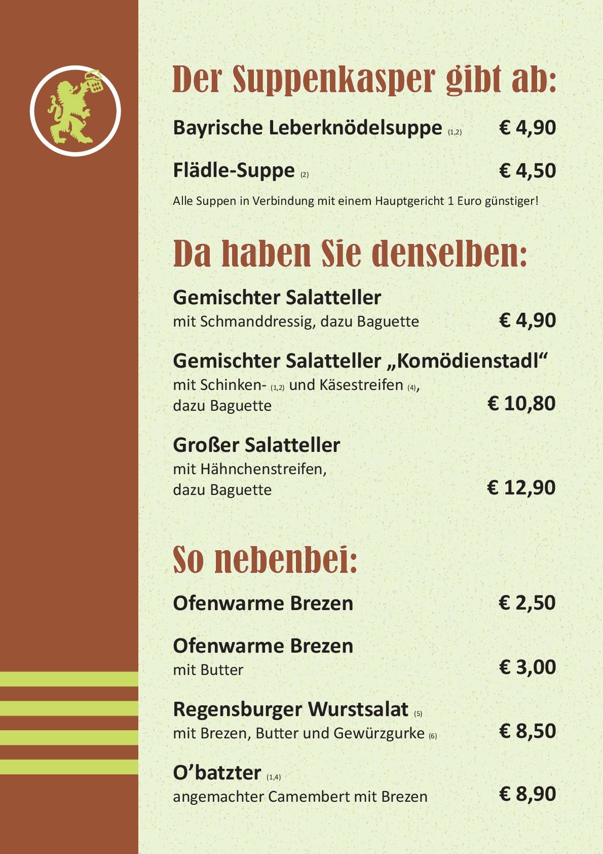 Menu at Komödien-Stadl restaurant, Kassel