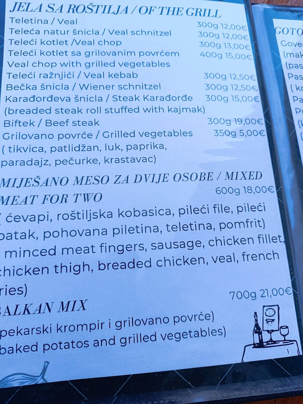 Speisekarte von Konoba Balkan restaurant, Montenegro