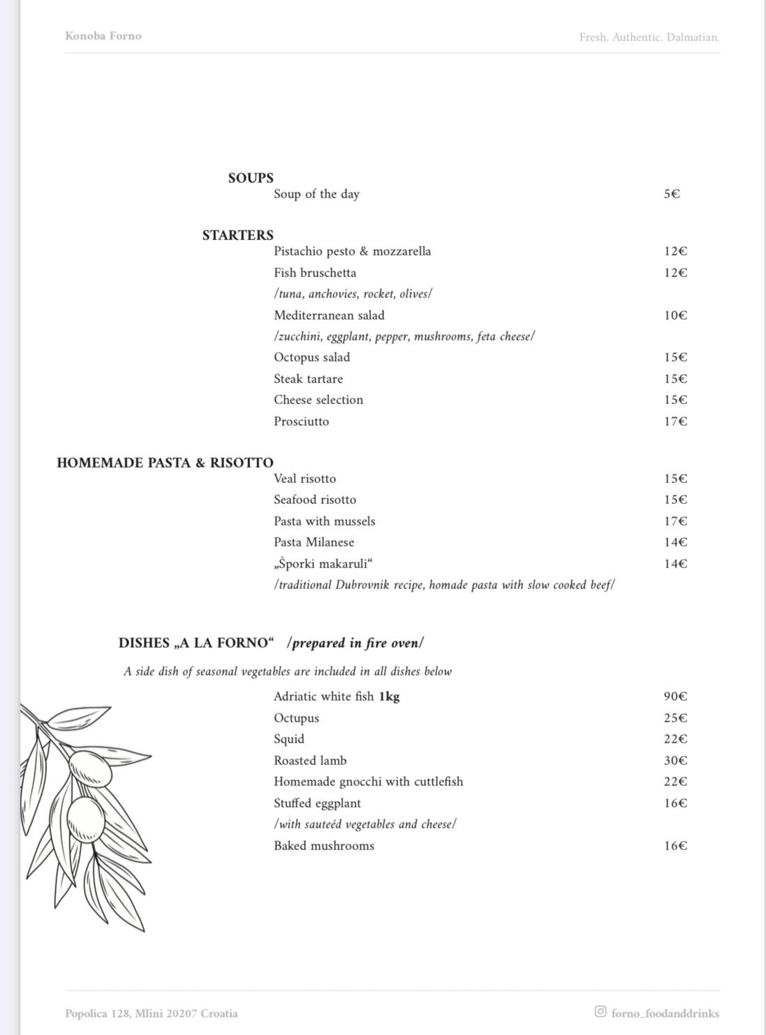 Menu at Konoba Forno restaurant, Mlini