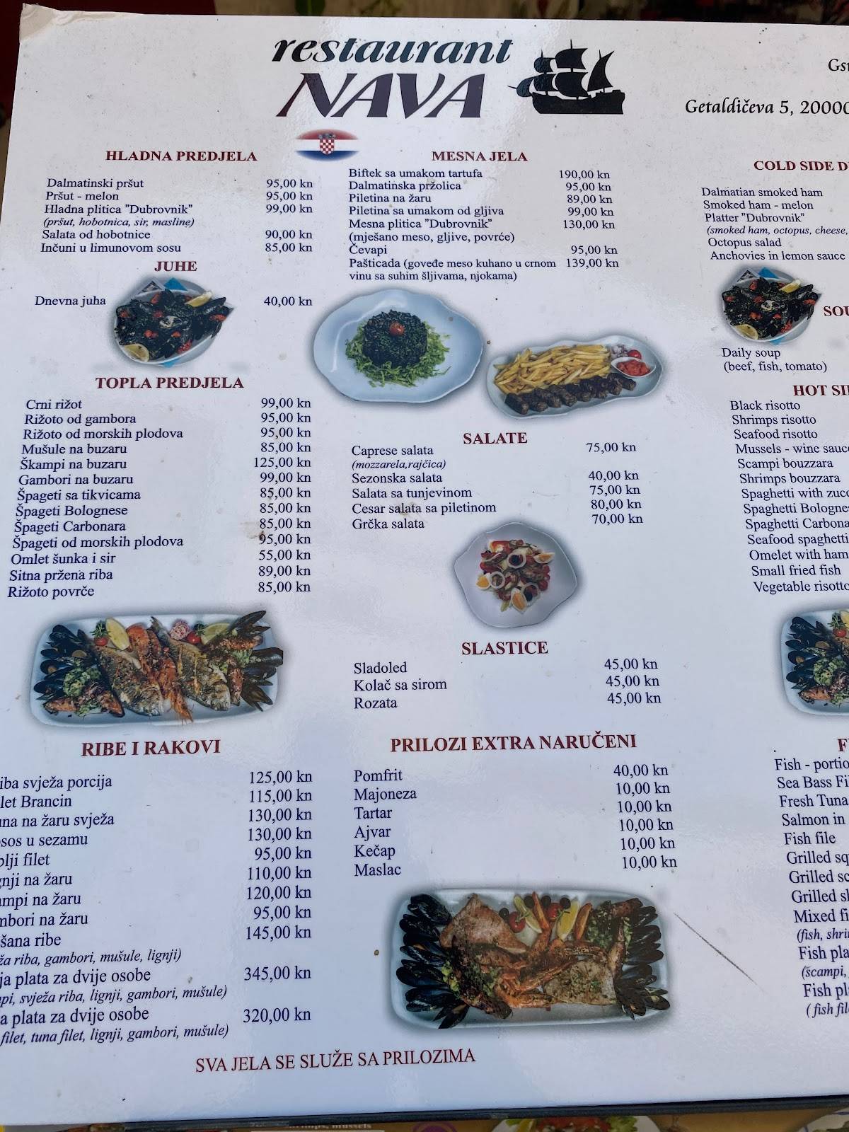 Menu at Konoba Nava restaurant, Dubrovnik