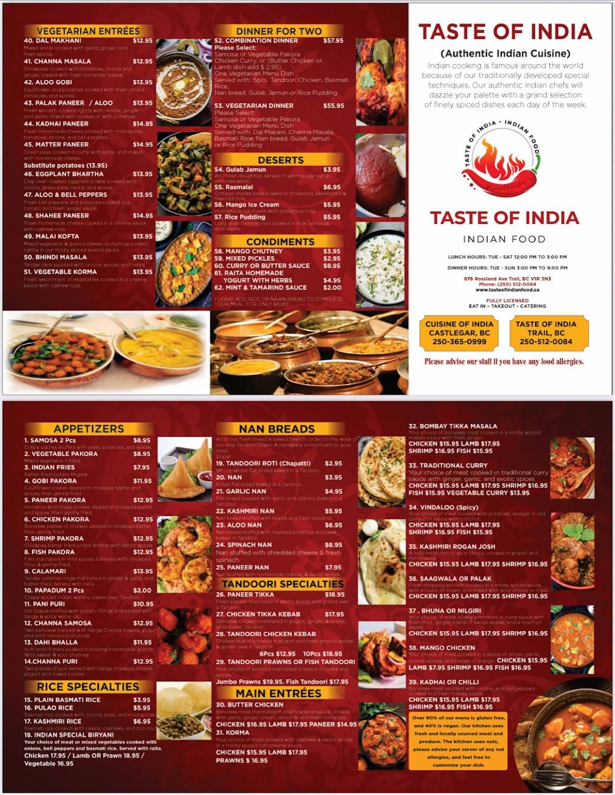 Menu at Kootenay's Taste of India restaurant, Trail