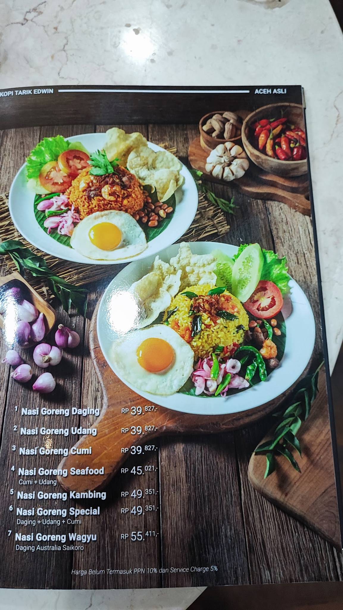 Menu at Kopi Tarik Edwin restaurant, East Jakarta