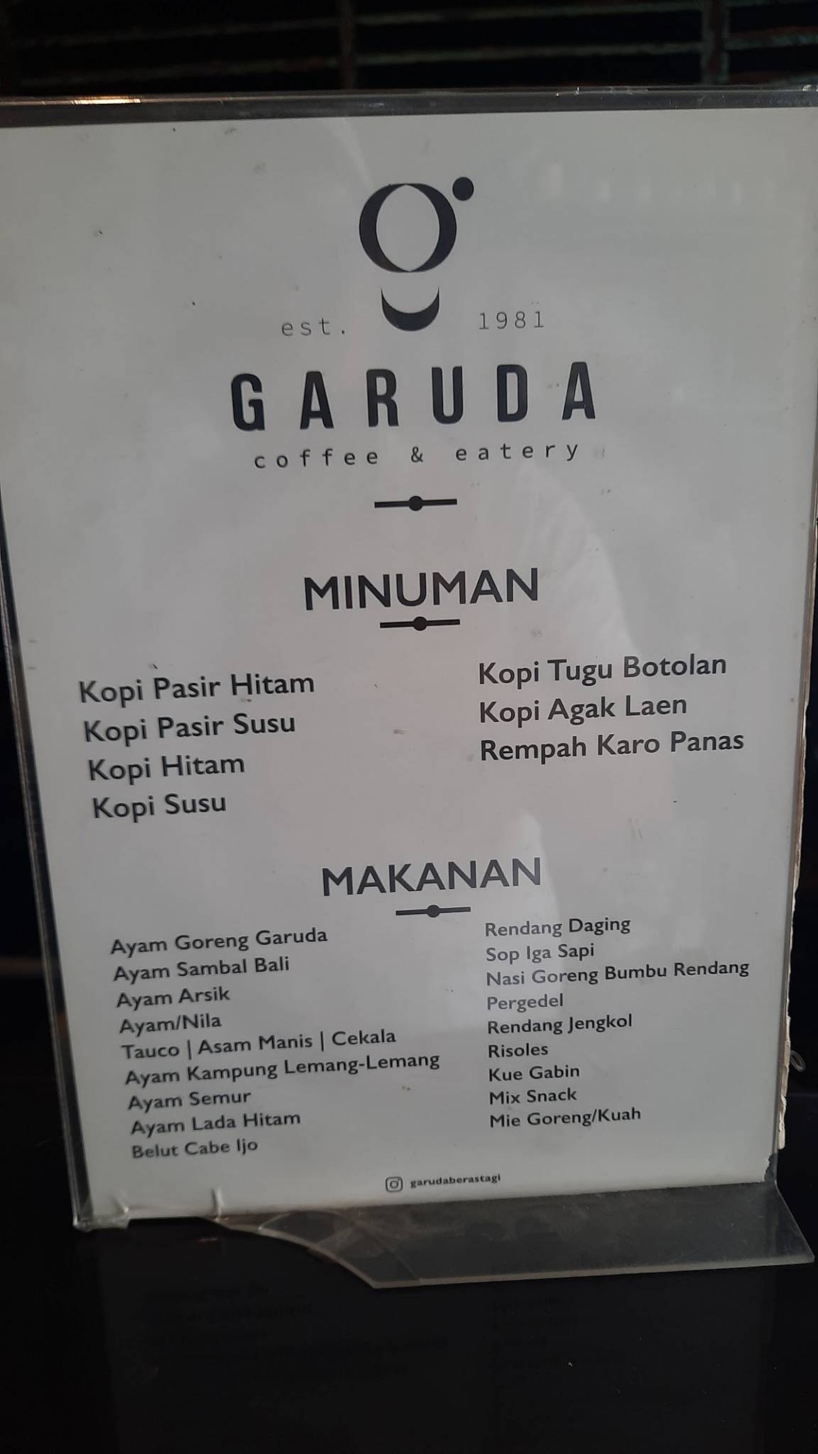 Carta del restaurante Kopi Tugu by Garuda, Indonesia