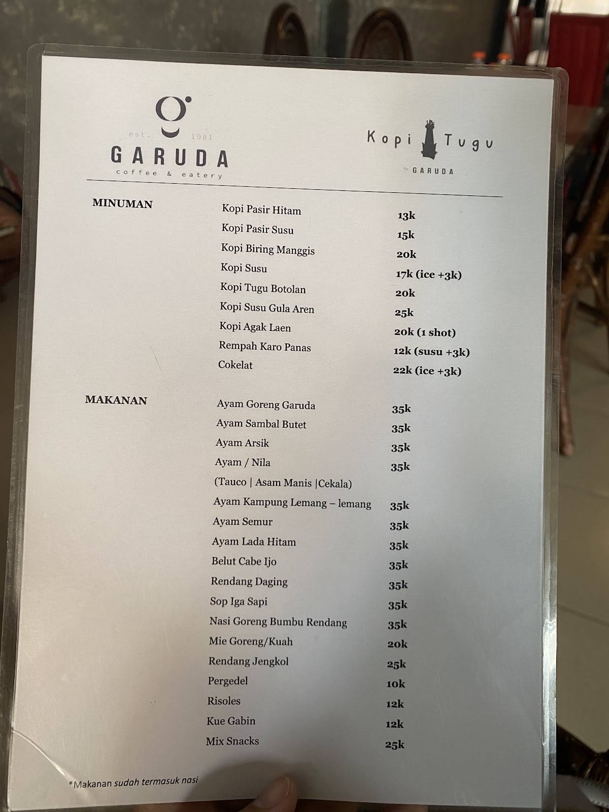 Carta del restaurante Kopi Tugu by Garuda, Indonesia