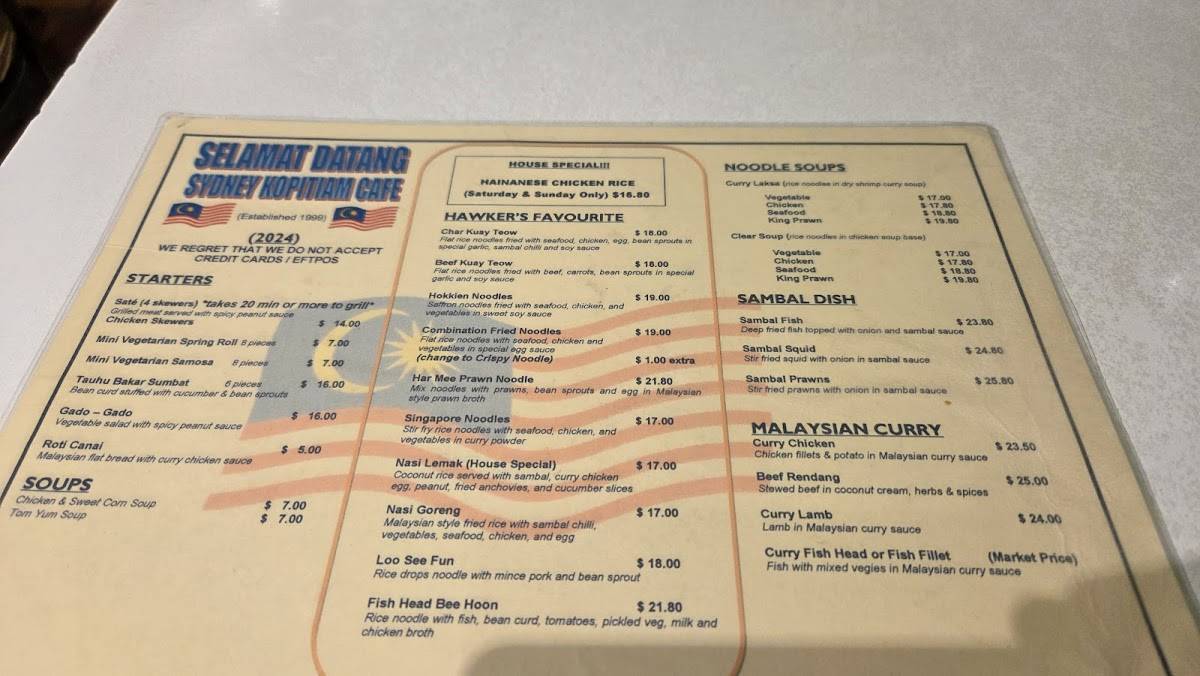 Menu at Kopitiam Cafe, Ultimo