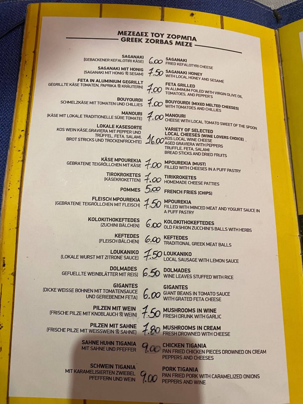 Menu at Zorbas Eat Greek, Kos
