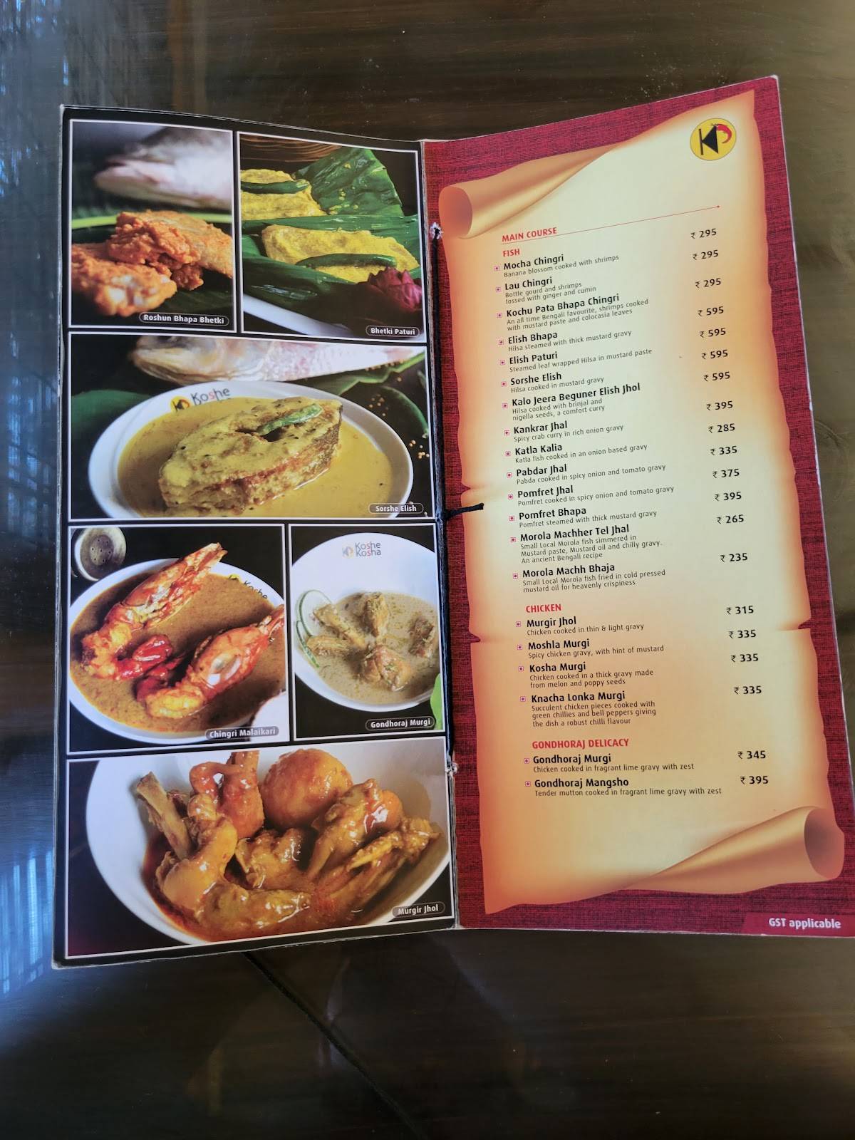 Menu at Koshe Kosha, Ripon Street, Kolkata, 1/1C