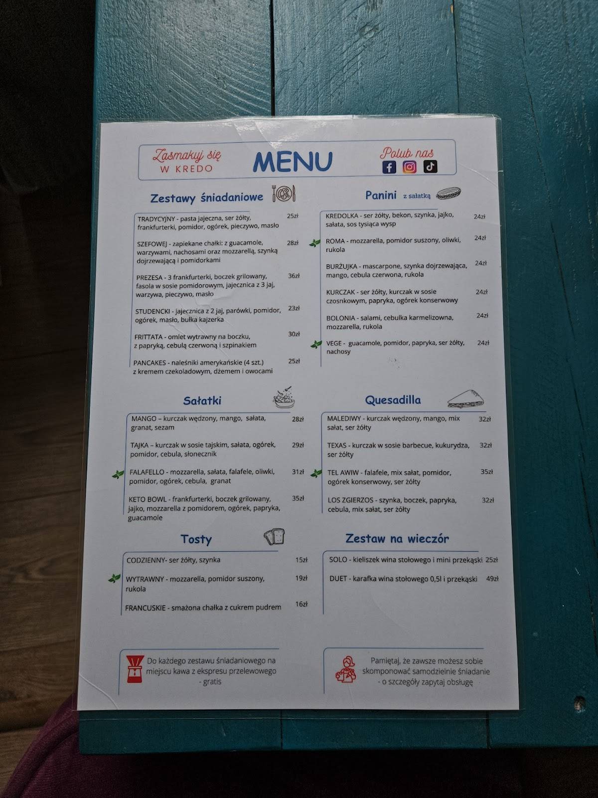 Menu at Kredo Kaffee cafe, Zgierz