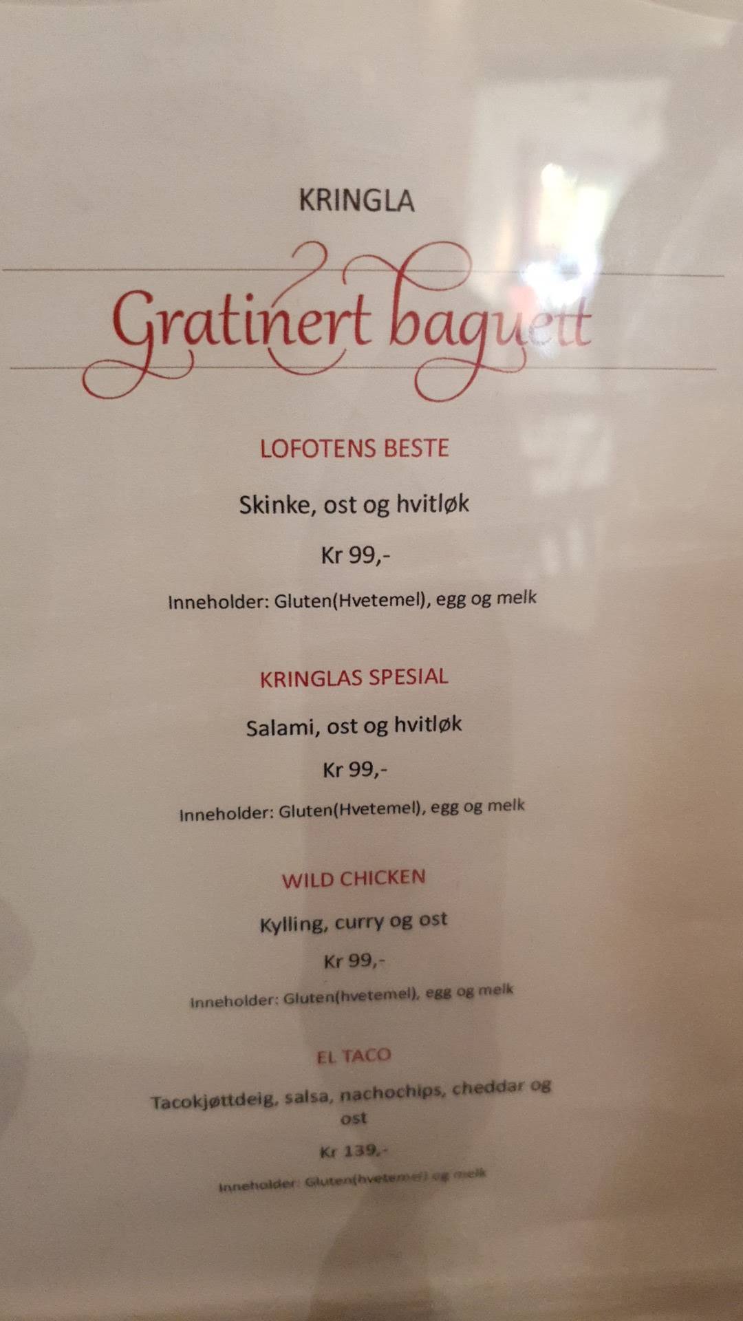 Menu at Kringla As cafe, Svolvær, Torget 21