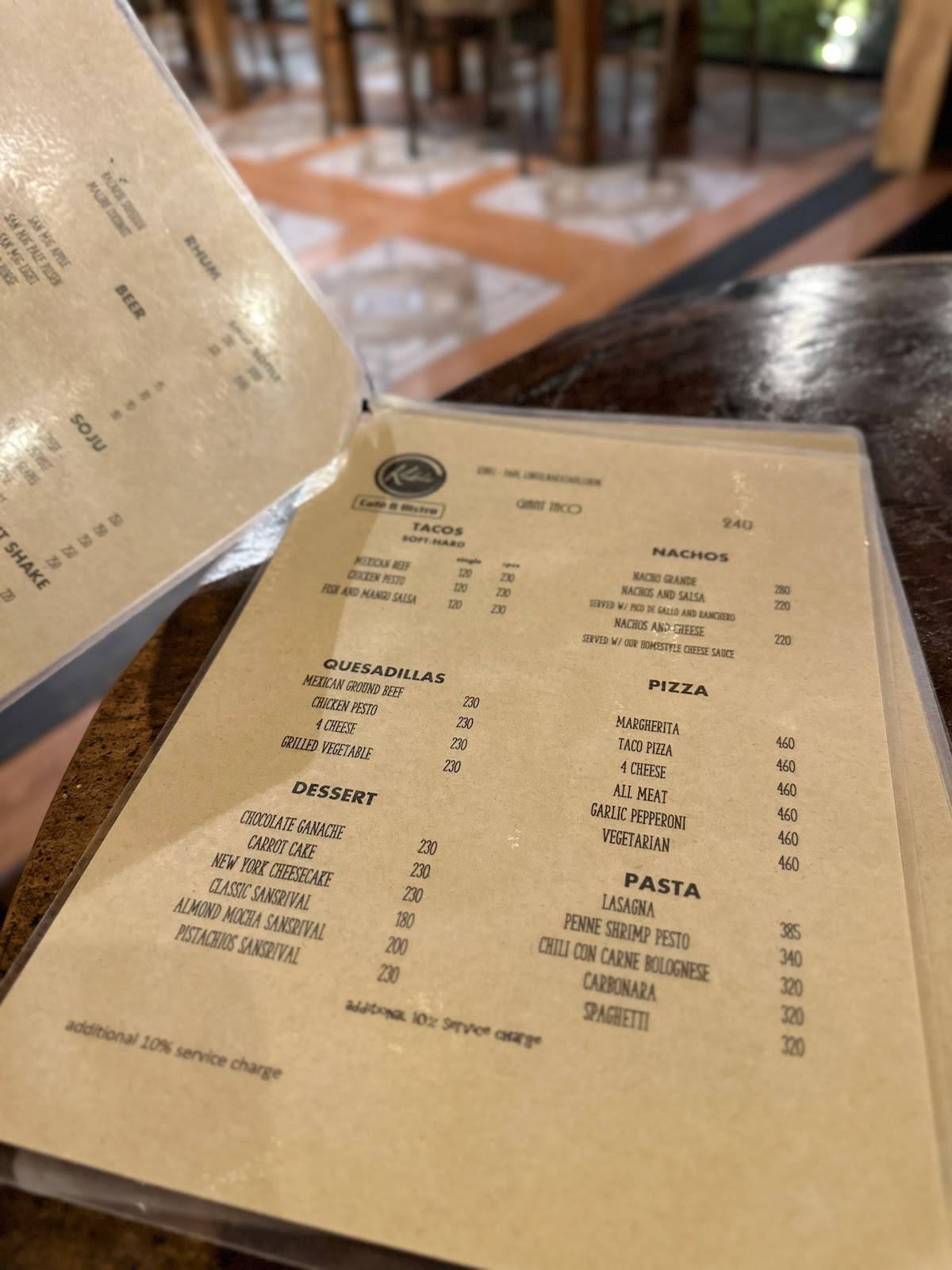 Menu at Kubli Café Bistro restaurant, Tagaytay