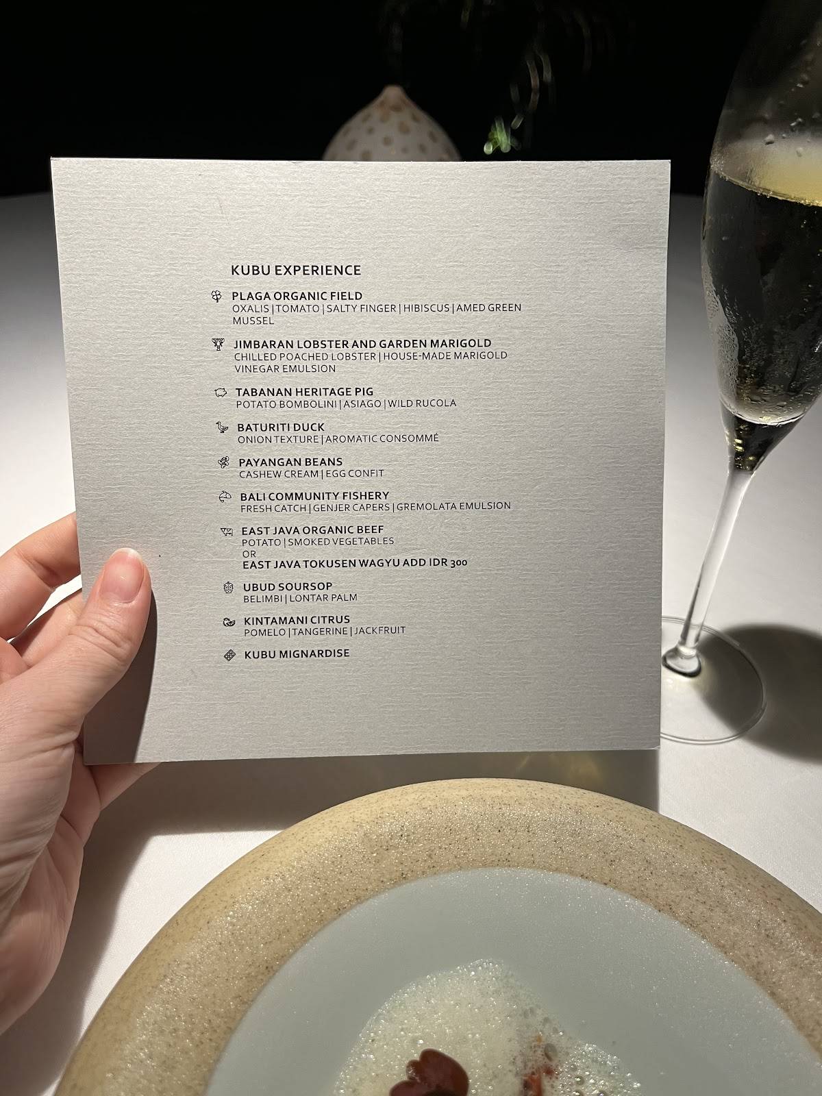 Menu at Kubu at Mandapa restaurant, Ubud