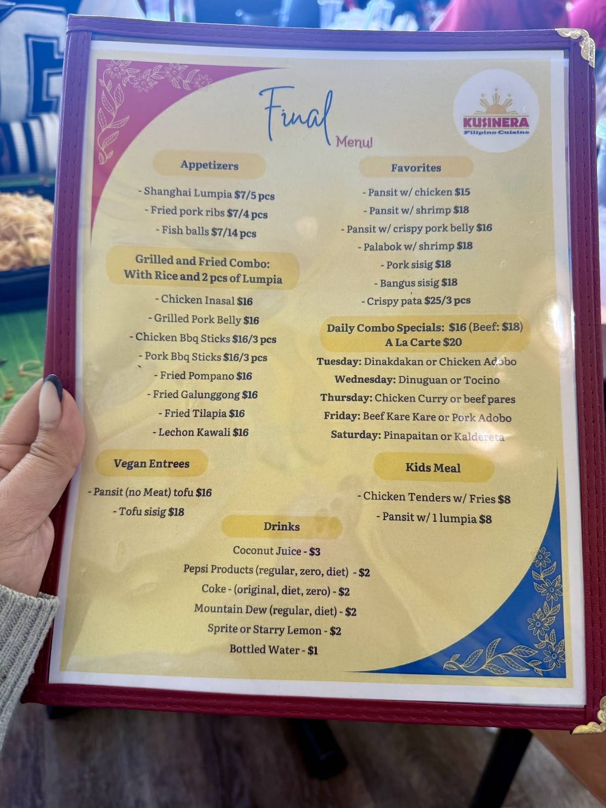 Menu at Kusinera Filipino Cuisine restaurant, Fayetteville