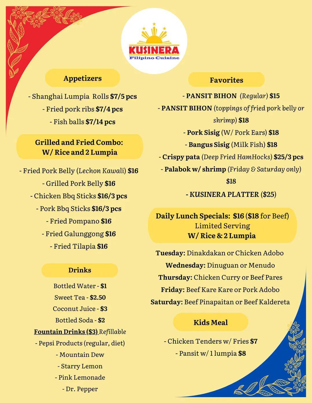 Menu at Kusinera Filipino Cuisine restaurant, Fayetteville