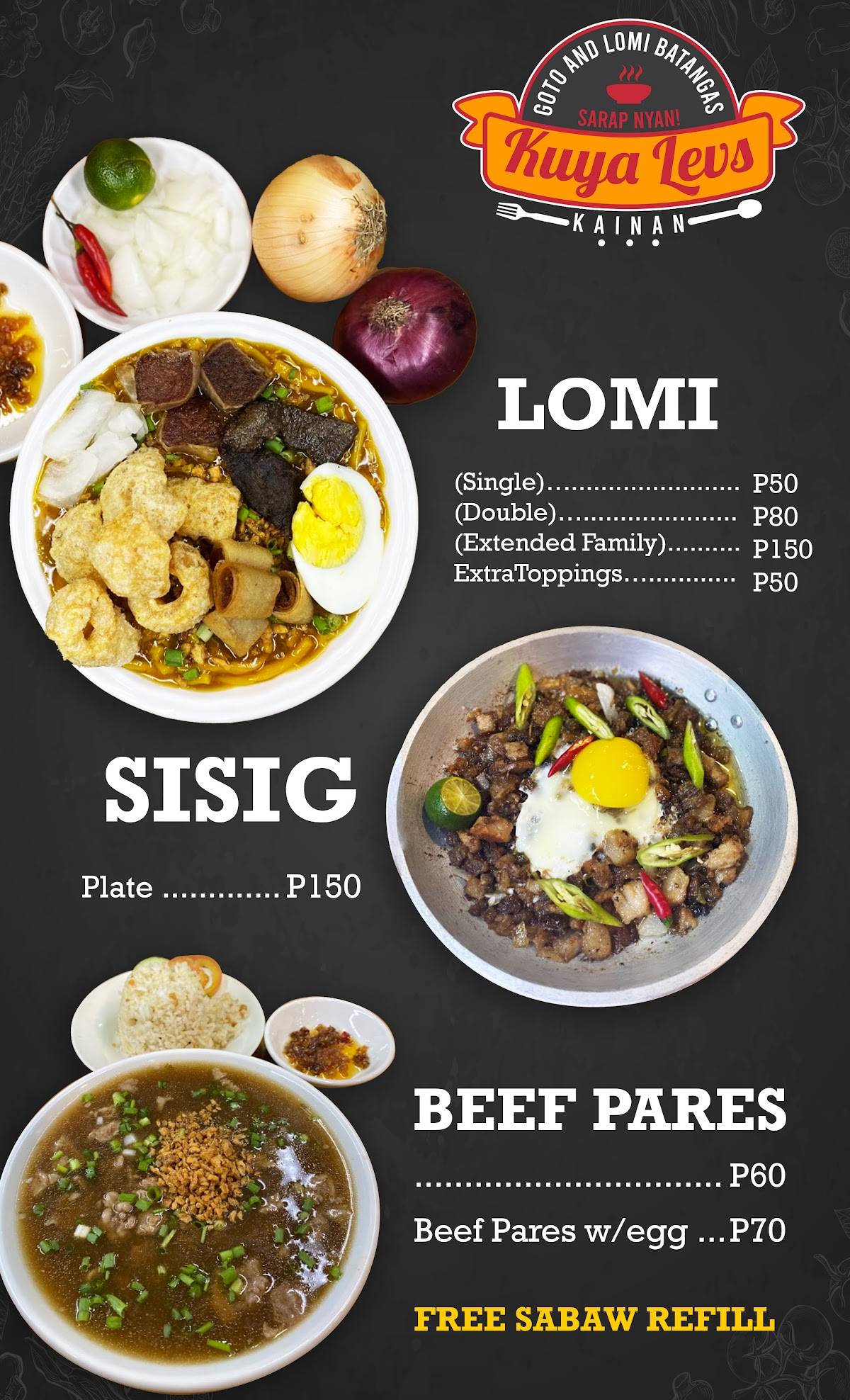 Menu at Kuya Levs Kainan - Tejero restaurant, Rosario
