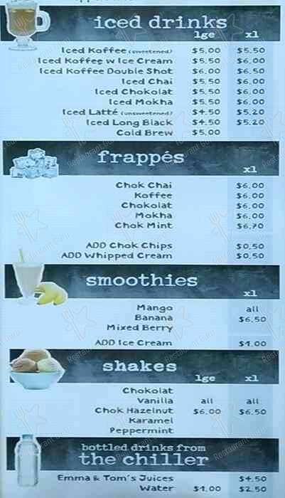 Menu at Kwik Koffee cafe, Perth