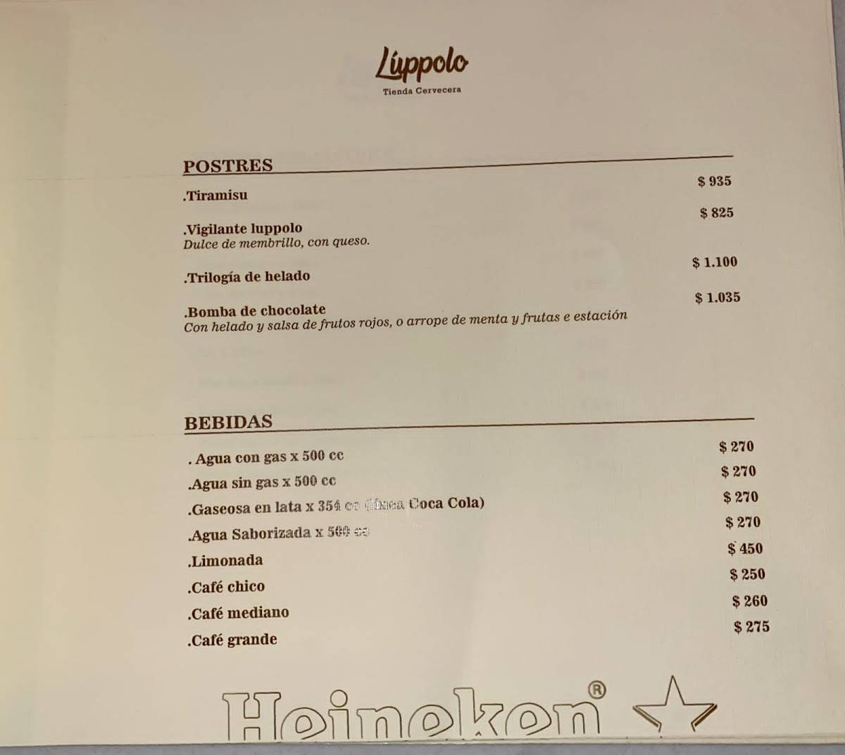 Carta del restaurante Lúppolo Heineken, San José