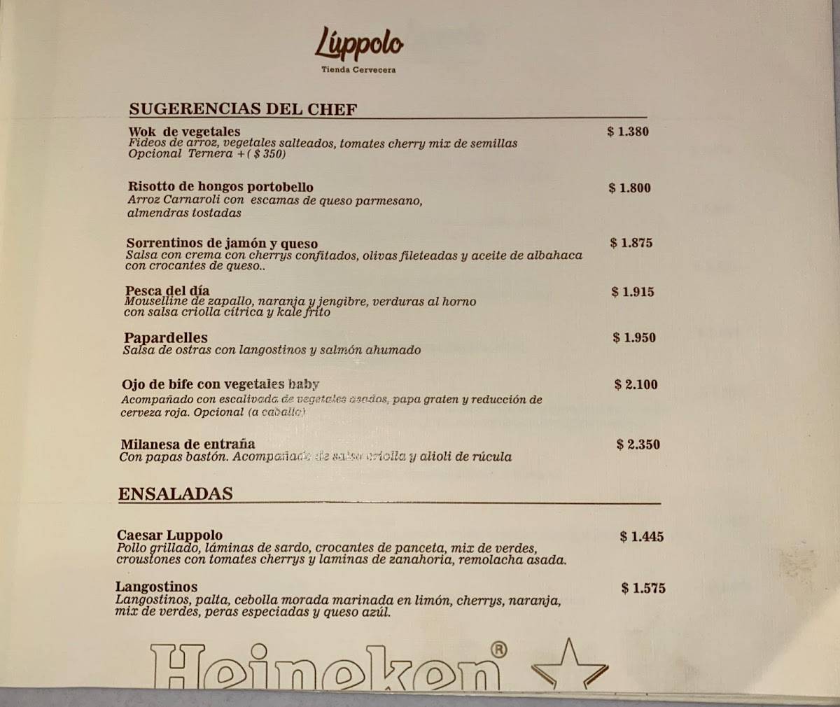 Carta del restaurante Lúppolo Heineken, San José
