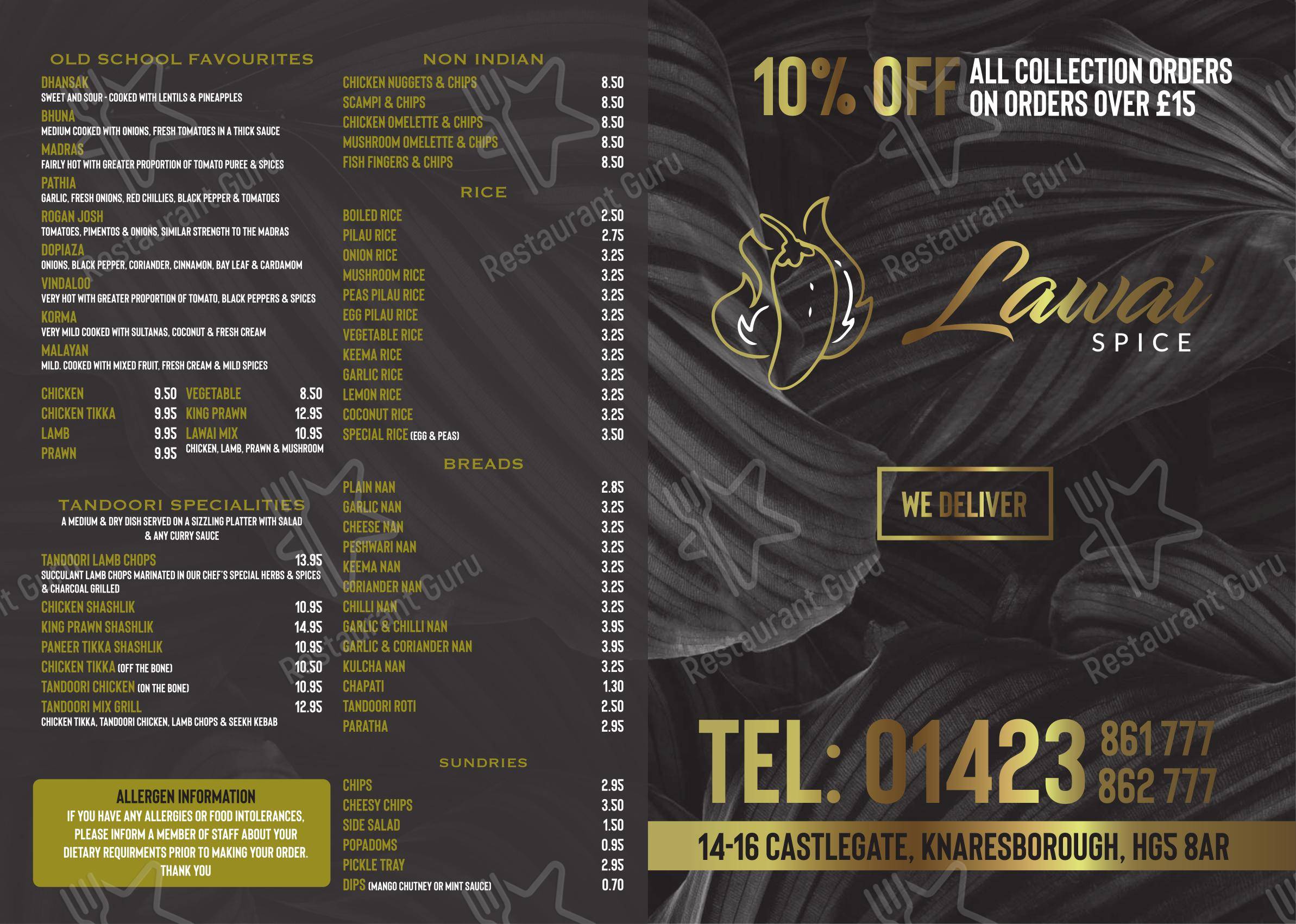 Menu at LAWAI SPICE restaurant, Knaresborough, 14-16 Castlegate
