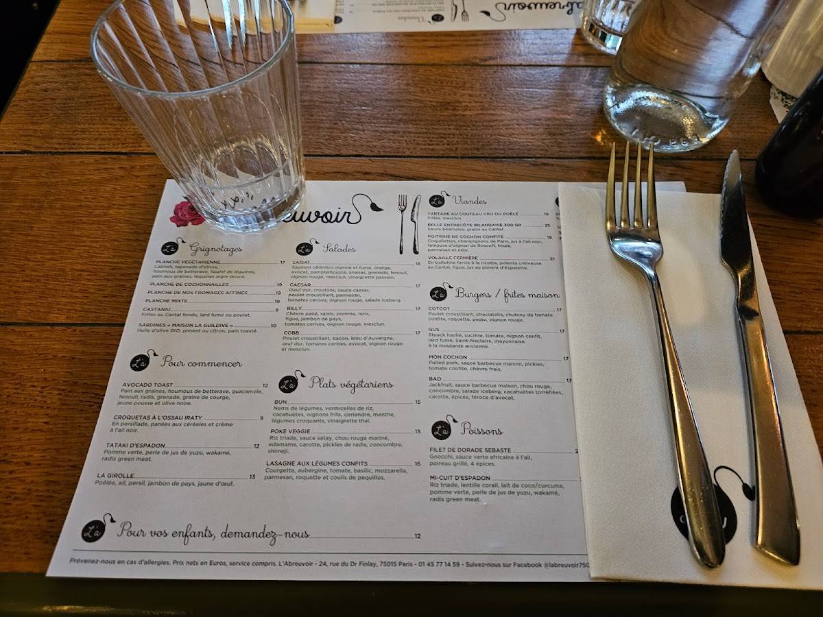 Menu at L'Abreuvoir restaurant, Paris, 24 Rue du Dr Finlay