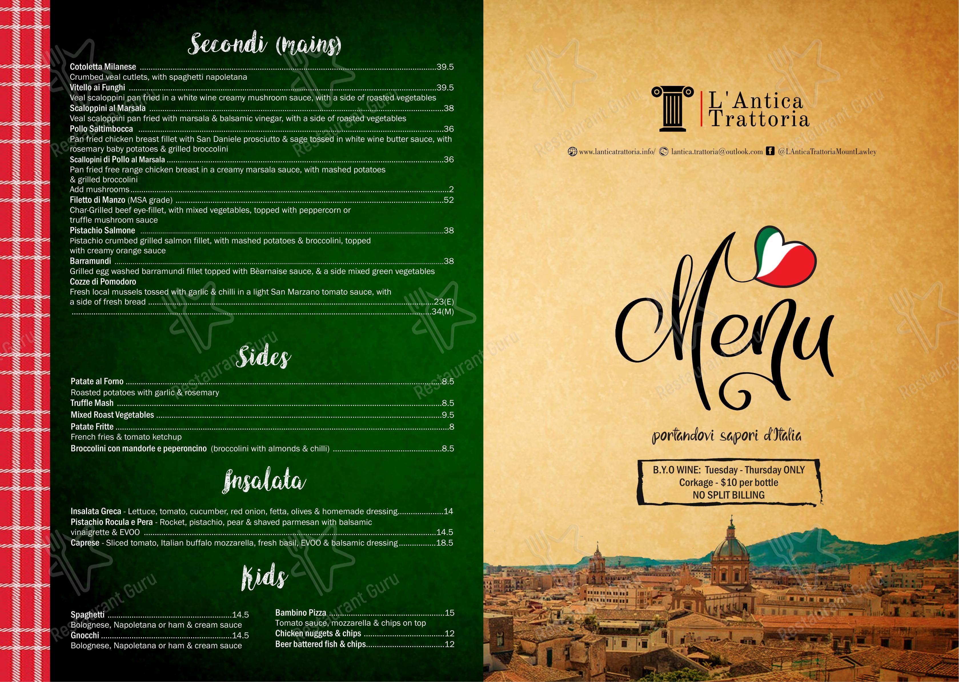 Menu at L'Antica Trattoria restaurant, Mount Lawley