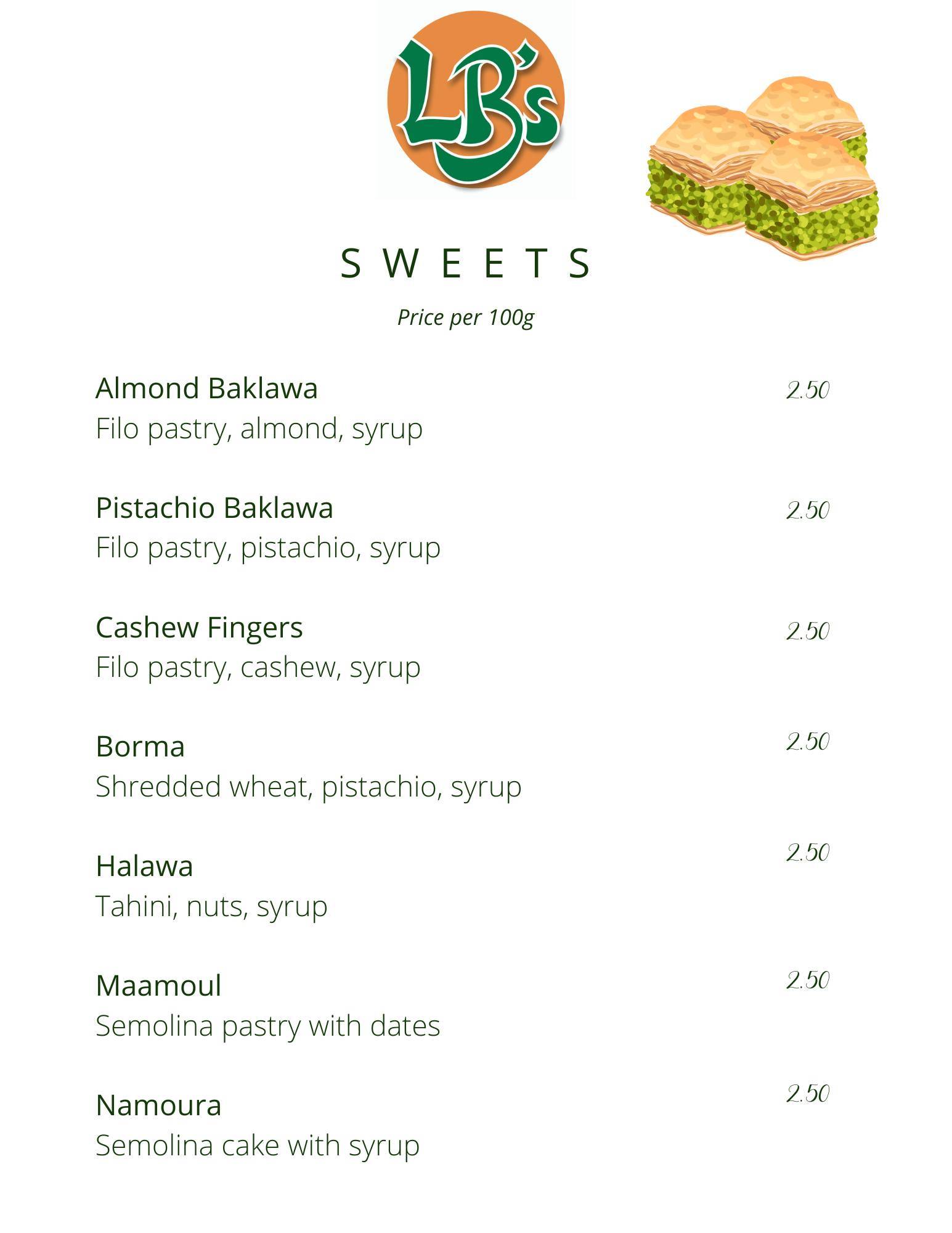 Menu at LB's Lebanese Cuisine restaurant, Oxford
