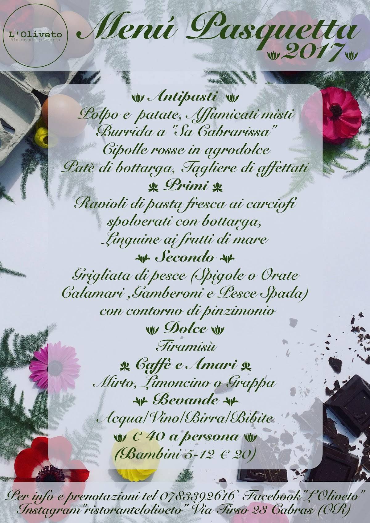 Menu at L'Oliveto restaurant, Cabras