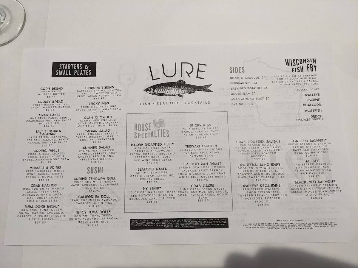 Menu at LURE Restaurant, Sister Bay