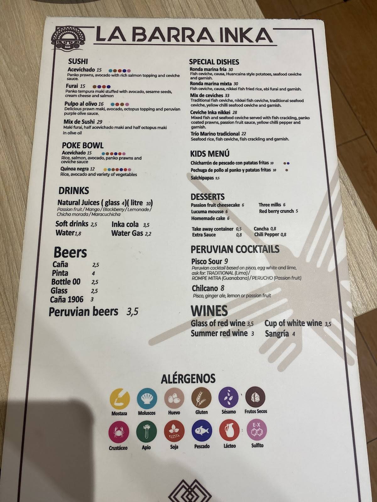 Carta de La Barra Inka, Málaga