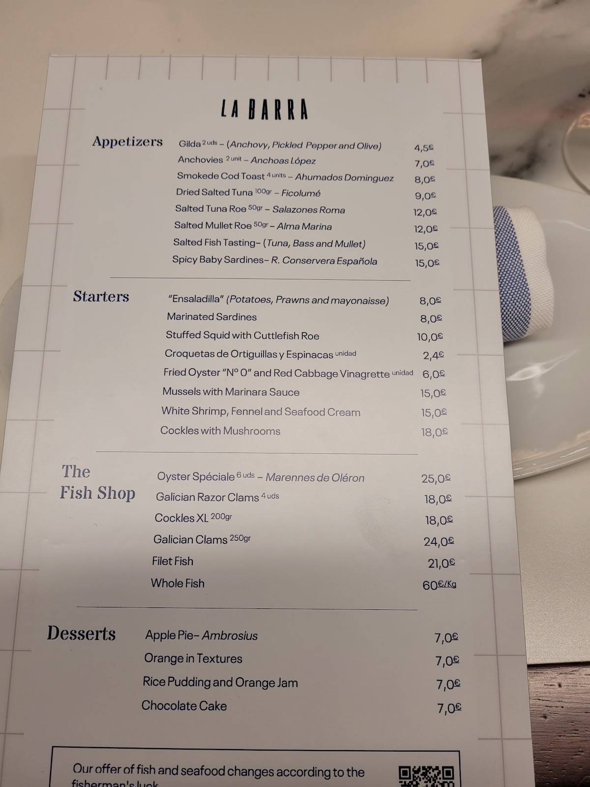 Menu at LA BARRA DE CAÑABOTA, Seville, C. Orfila