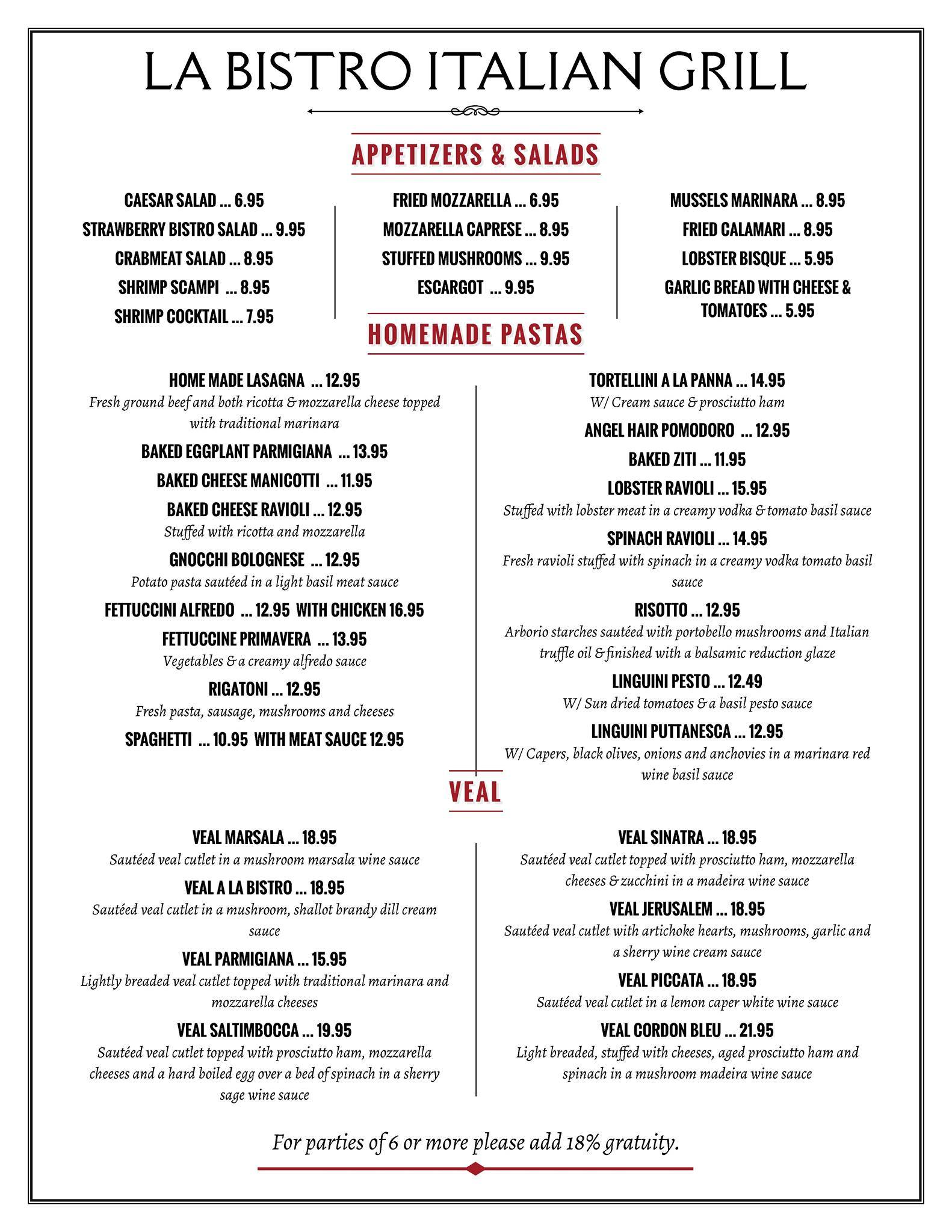 Menu at La Bistro Italian Grill steakhouse, Hurst