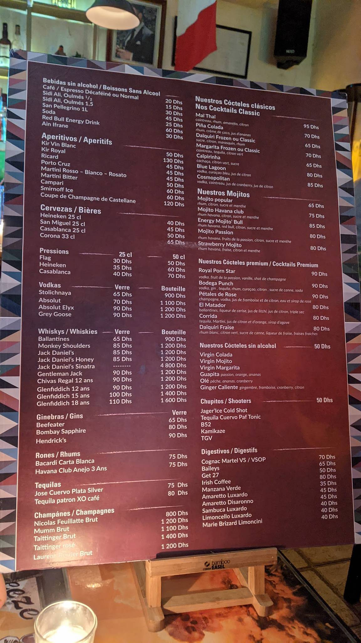 Menu au La Bodega de Casablanca restaurant, Casablanca