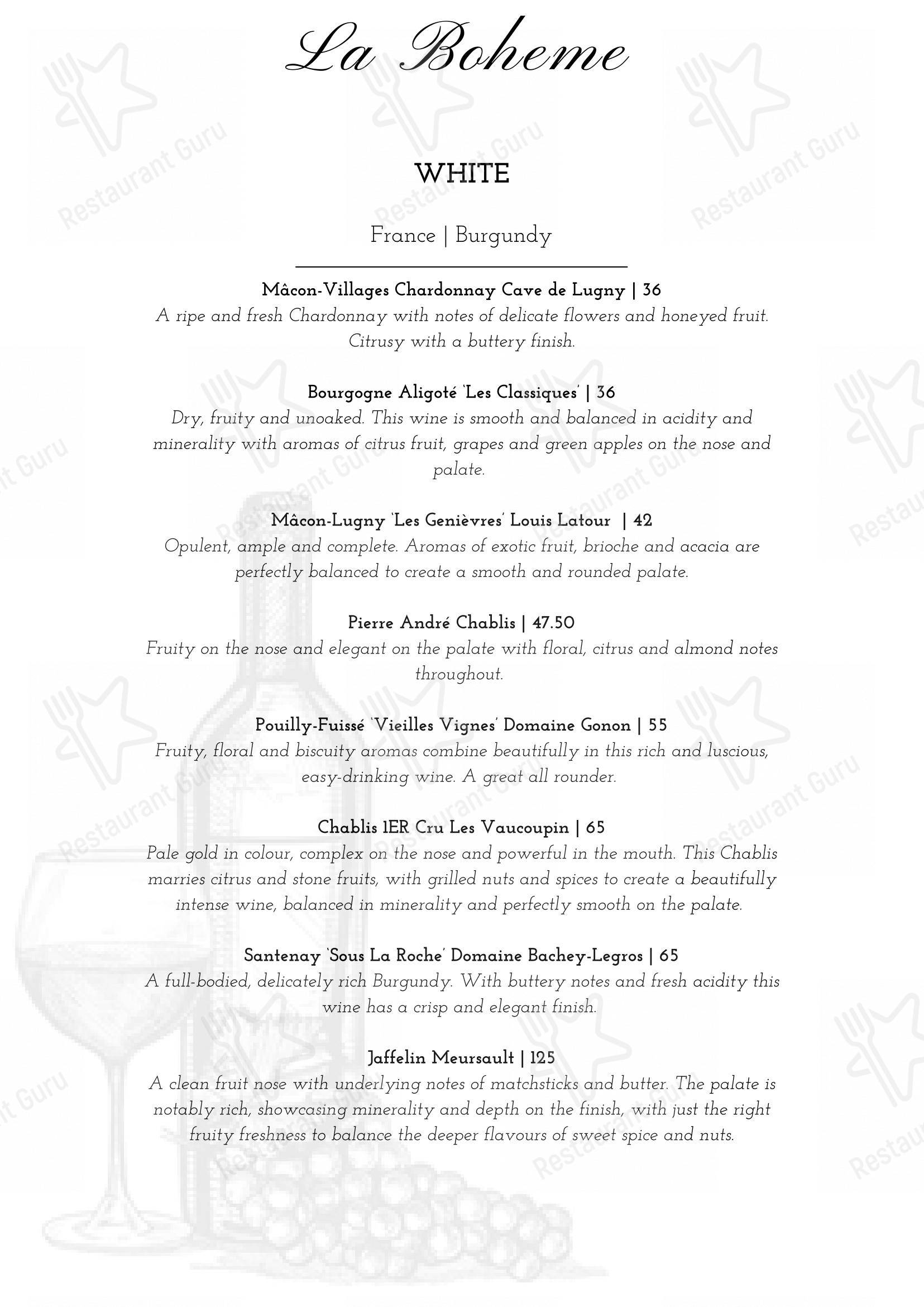Menu at La Boheme restaurant, Lymm