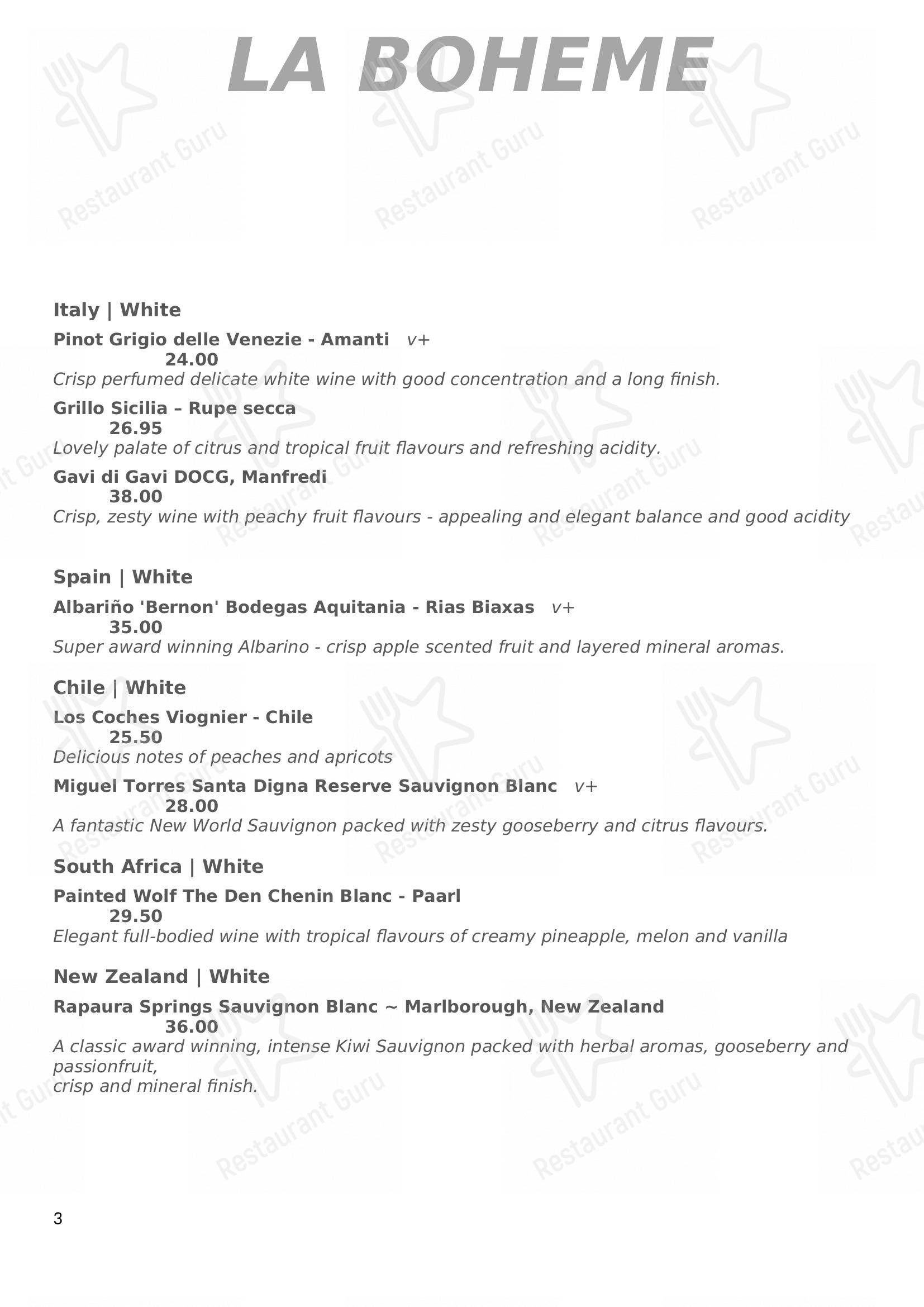 Menu at La Boheme restaurant, Lymm