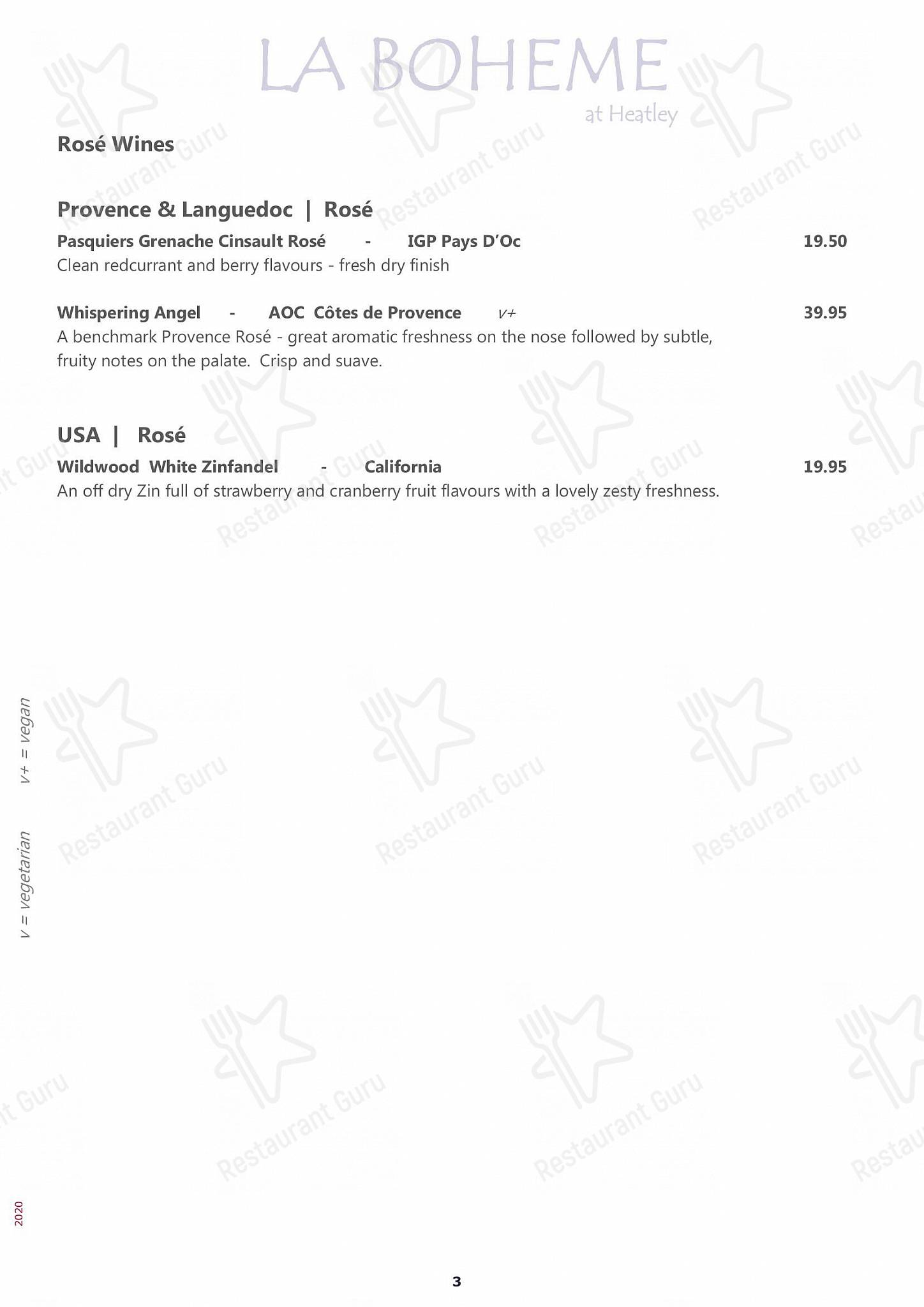 Menu at La Boheme restaurant, Lymm