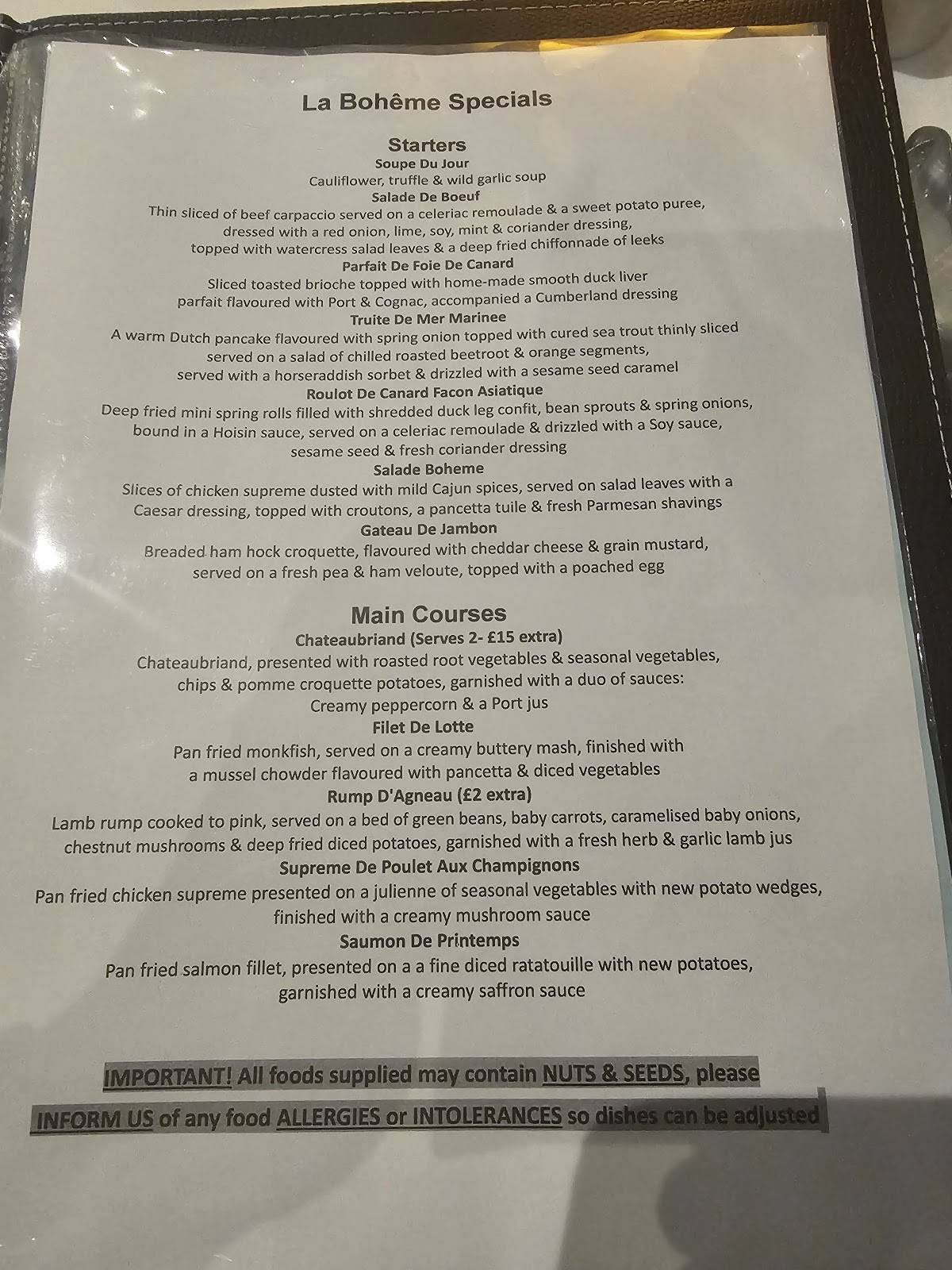 Menu at La Boheme restaurant, Lymm