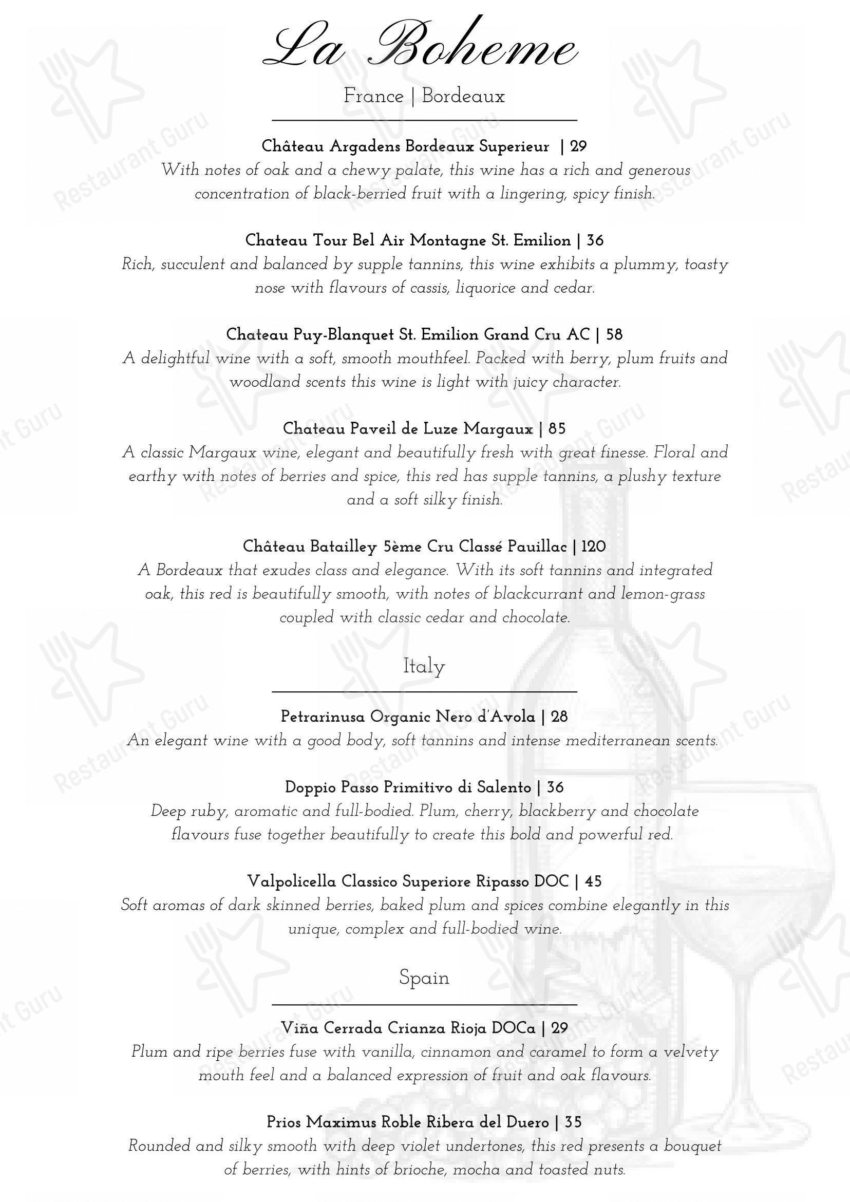 Menu at La Boheme restaurant, Lymm