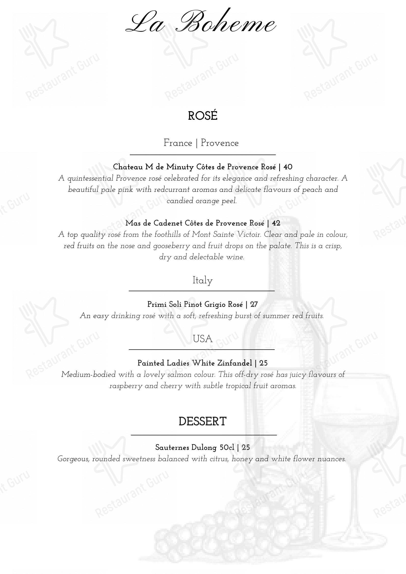 Menu at La Boheme restaurant, Lymm
