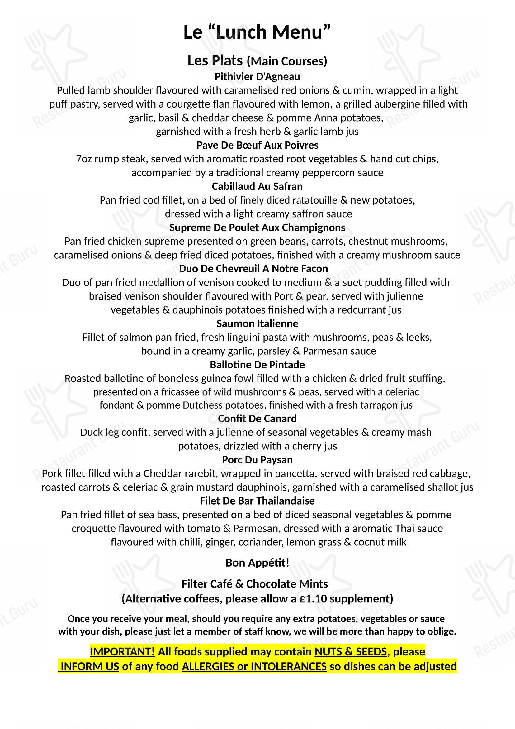 Menu at La Boheme restaurant, Lymm
