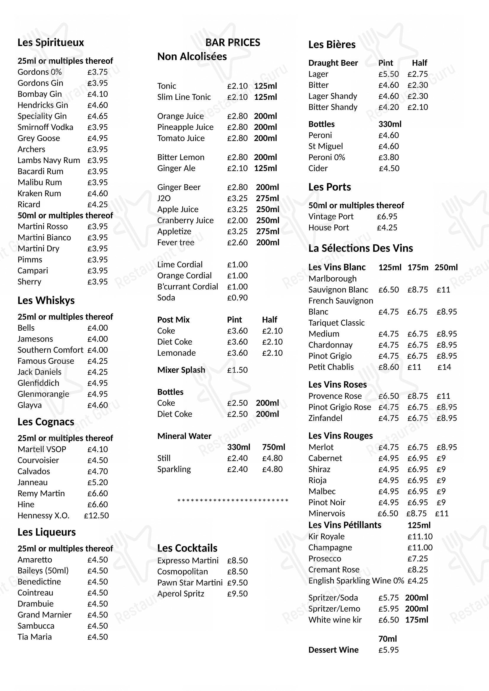 Menu at La Boheme restaurant, Lymm