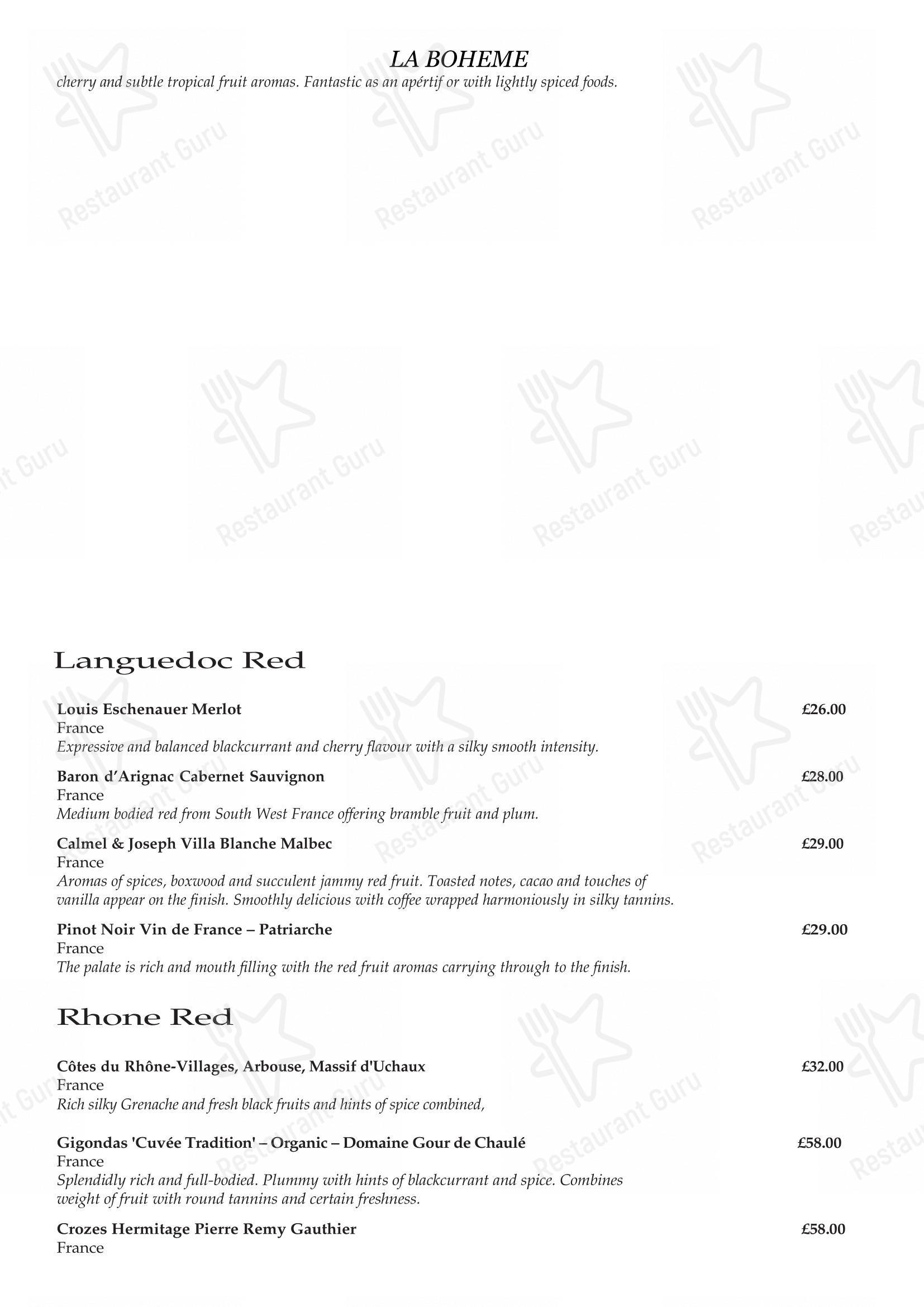 Menu at La Boheme restaurant, Lymm