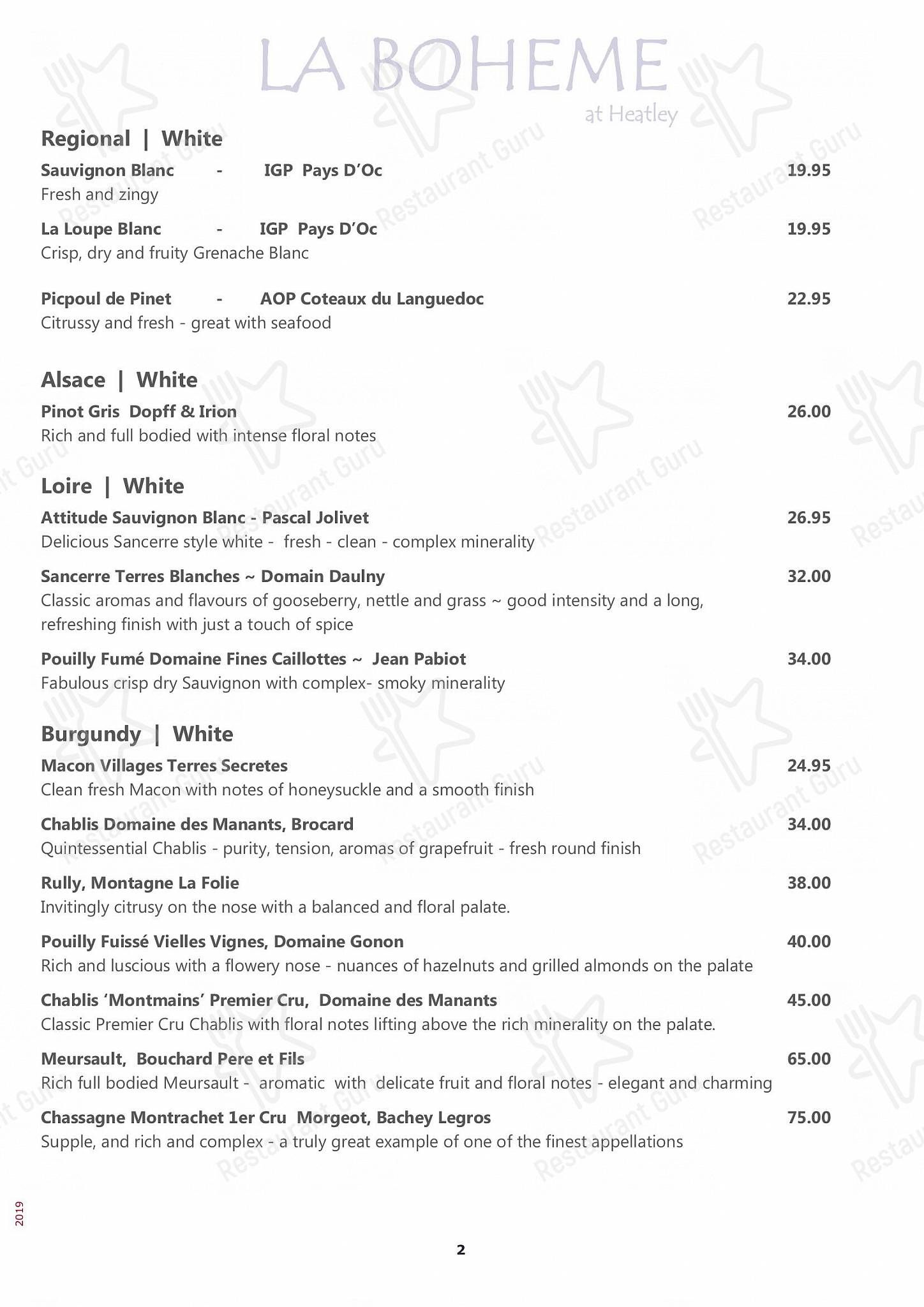 Menu at La Boheme restaurant, Lymm