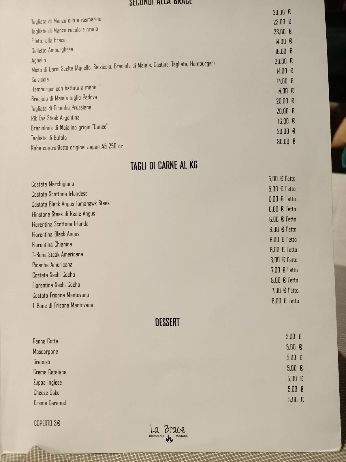 Menu at La Brace restaurant, Modena