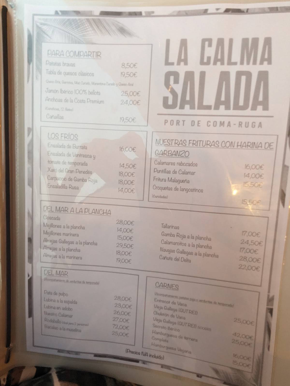 Carta del restaurante LA CALMA SALADA, Comarruga