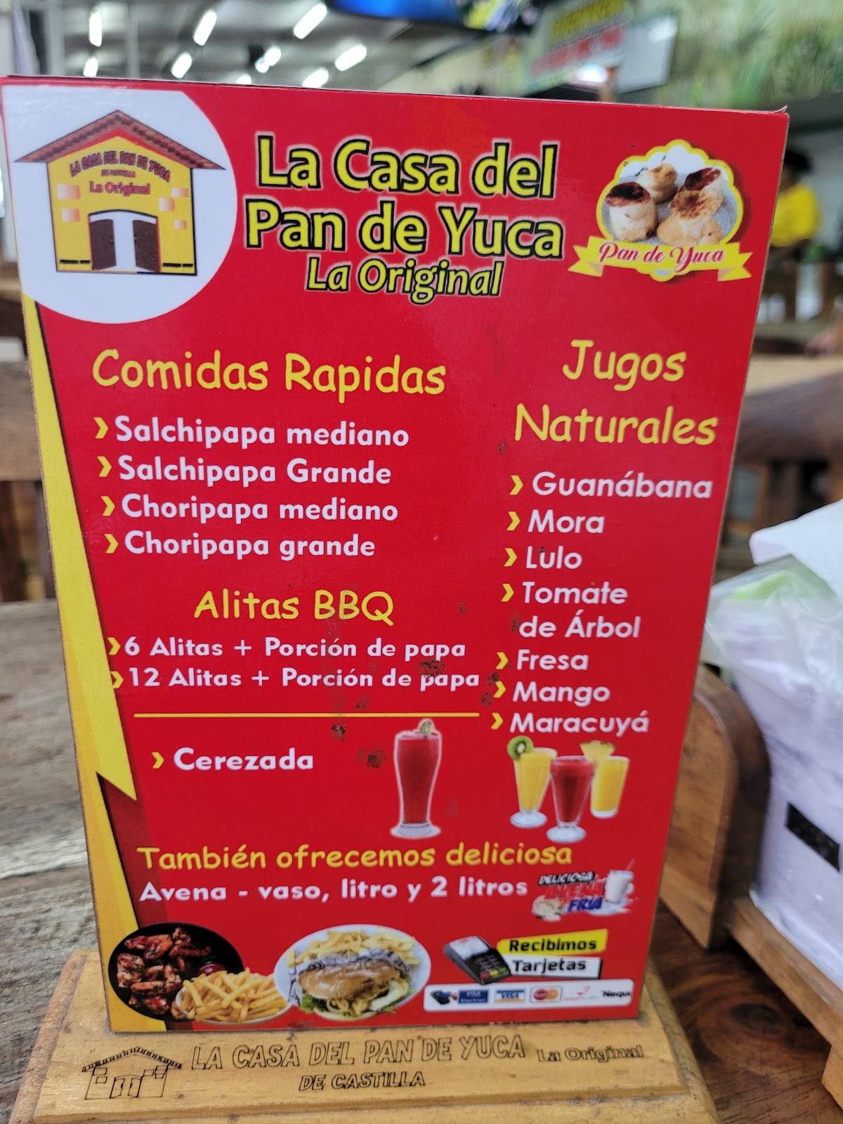 Carta del restaurante La Casa del Pan del Yuca, Colombia